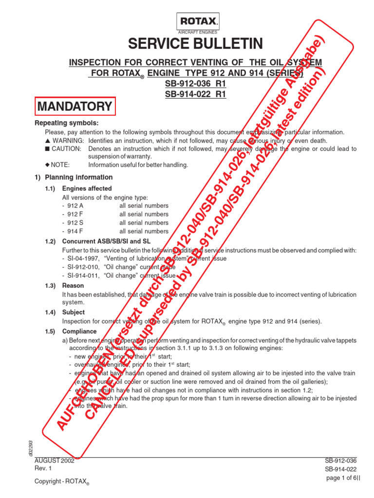 SB-912-036 R1 - CANCELLED - Inspection For Correct Venting of The Oil ...
