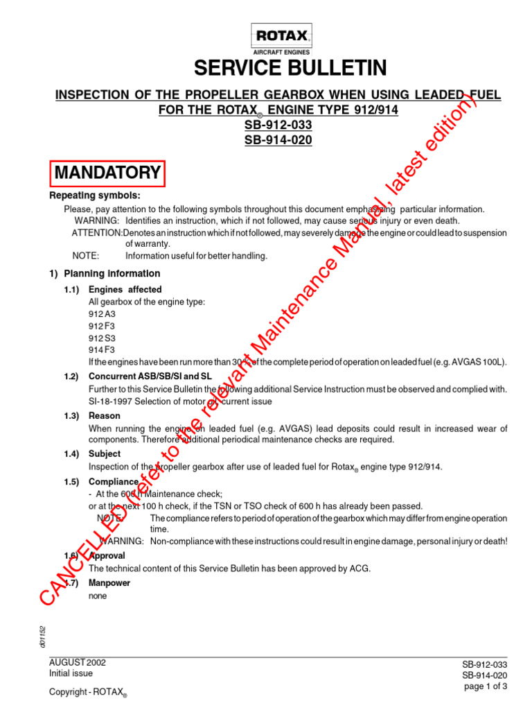 SB-912-033 - SB-914-020 - Inspection of The Propeller Gearbox When ...