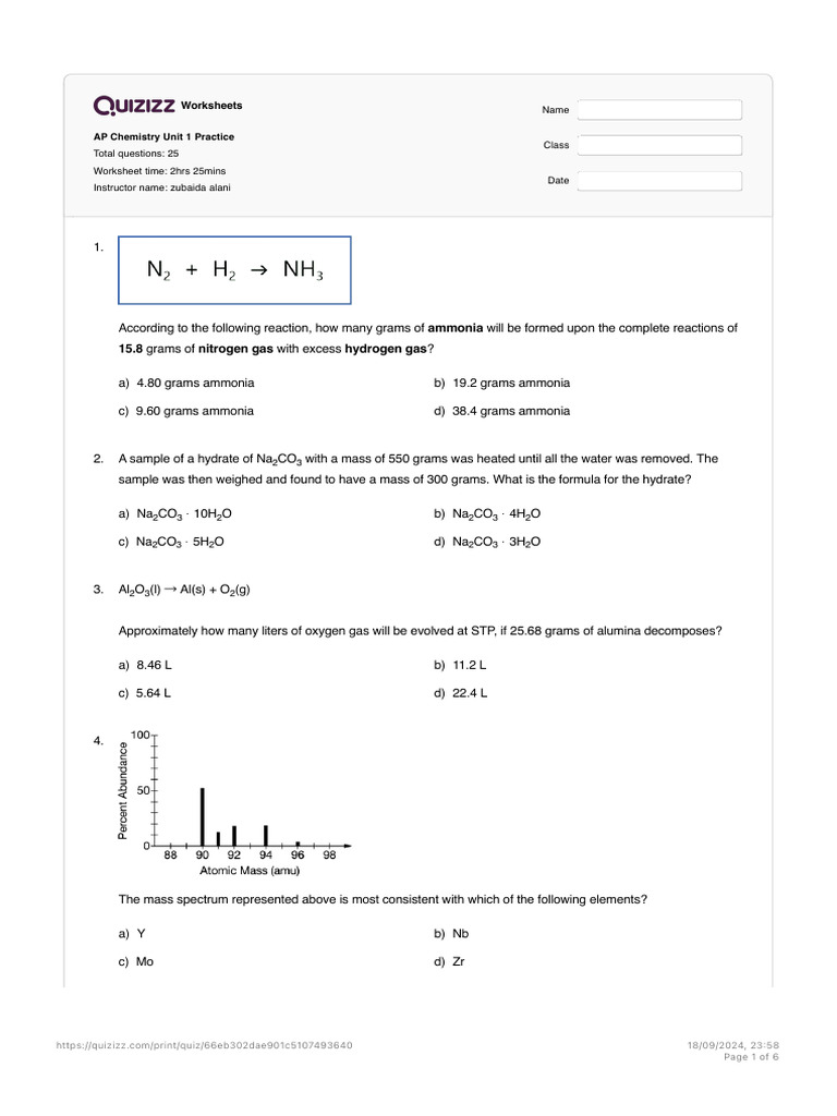 AP Chemistry Unit 1 Practice - Quizizz | PDF | Chemical Compounds ...