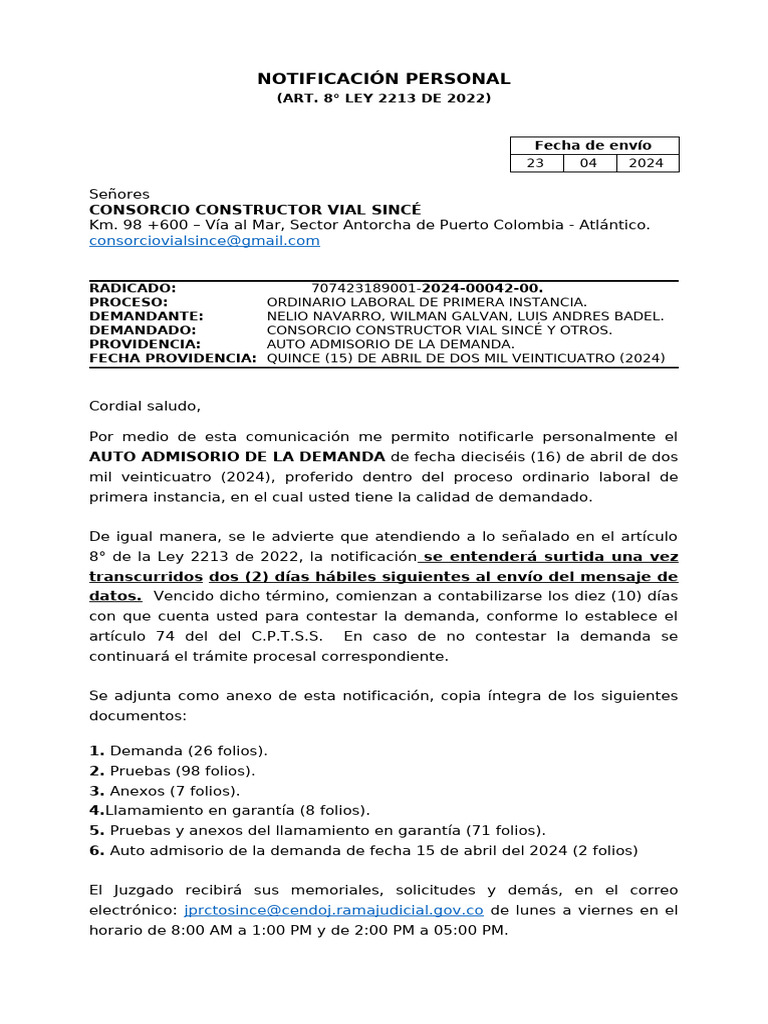 FORMATO NOTIFICACIÓN PERSONAL LEY 2213 | PDF