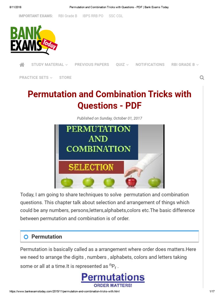 Permutation and Combination Tricks With Questions - PDF - Bank Exams Today | PDF | Teaching ...