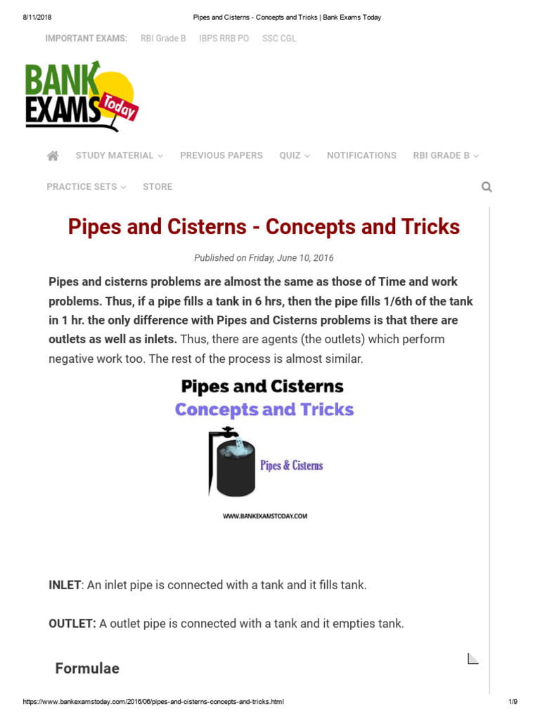 Pipes and Cisterns - Concepts and Tricks - Bank Exams Today | PDF