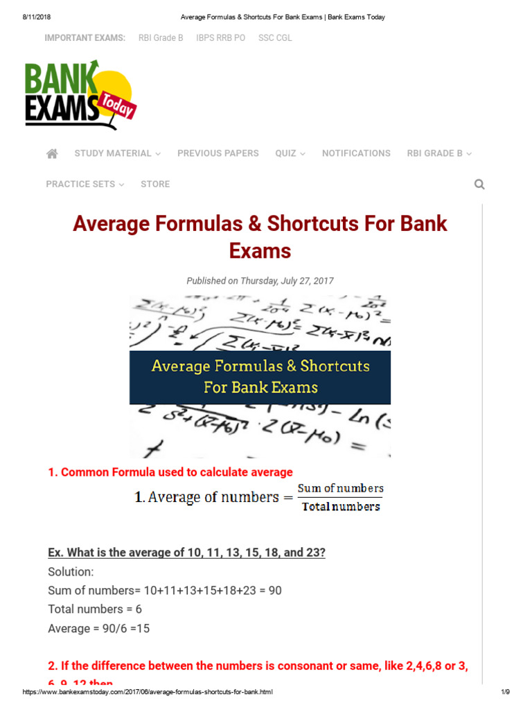 Average Formulas & Shortcuts For Bank Exams - Bank Exams Today | PDF