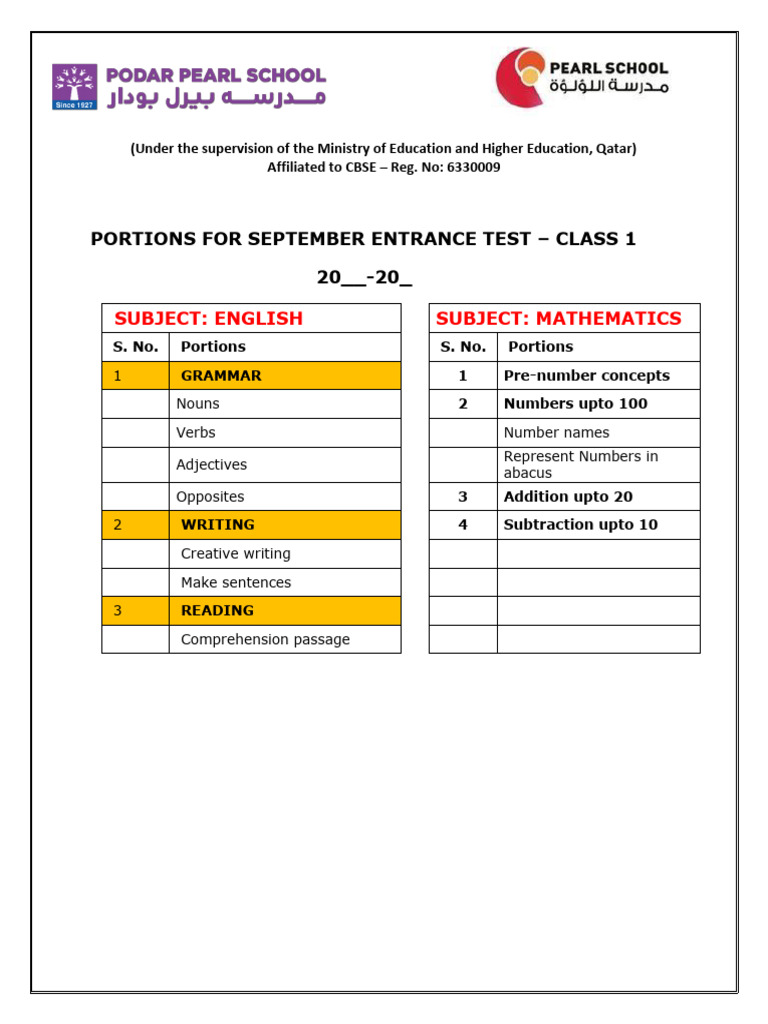Portions For Entrance Test Class 1 | PDF