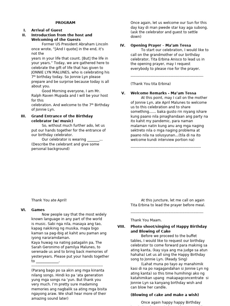 Script for 7th Birthday | PDF