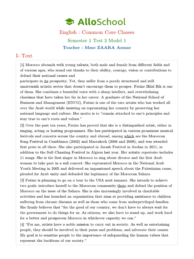 English Common Core Semester 1 Test 2 Model 1 | PDF