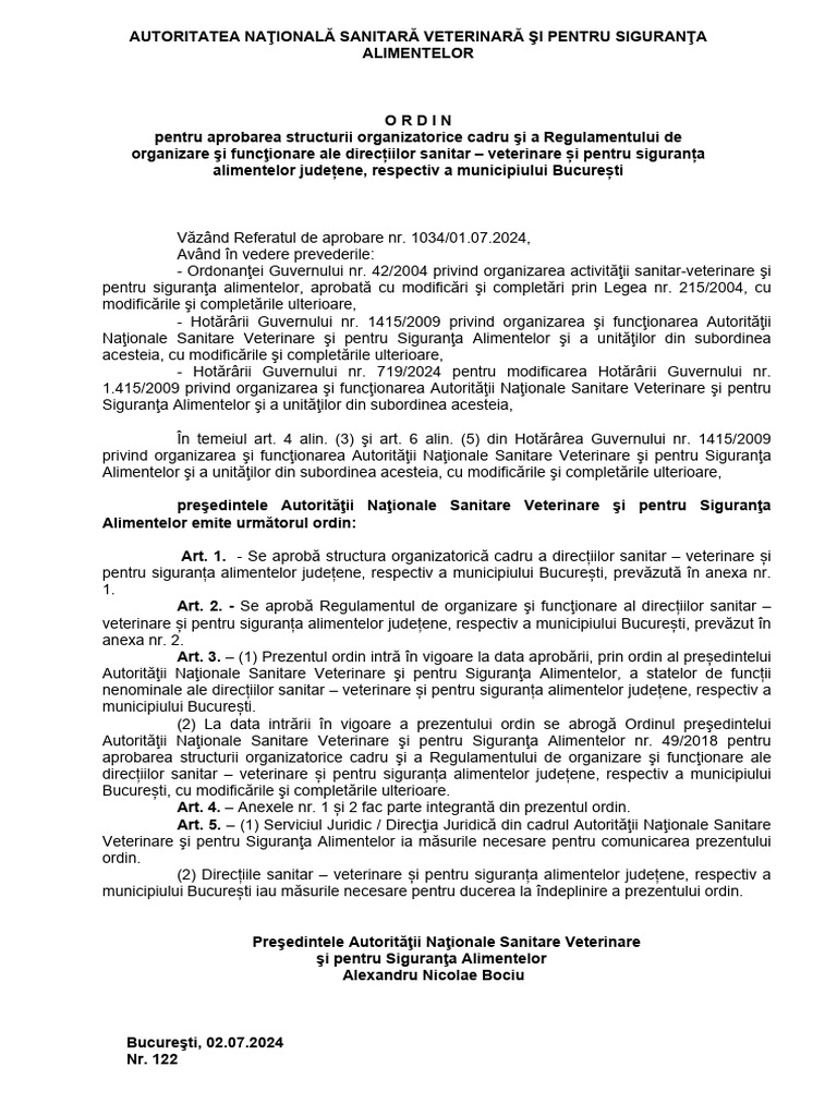 Ordinul ANSVSA 122 2024 ROF DSVSA 11.07.2024 | PDF