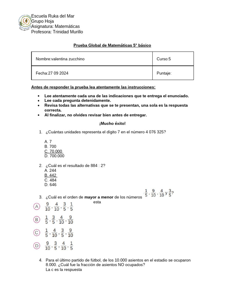 Prueba Mate 5to Valentina Zucchino | PDF