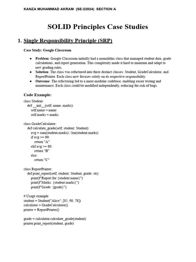 Solid Principles Case Studies - Kanza Muhammad Akram (Se-22024) | PDF
