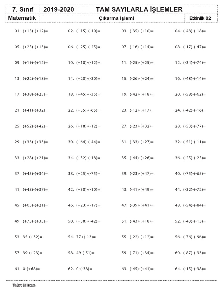 2 Tam Sayilar Cikarma Islemi 1 1 | PDF