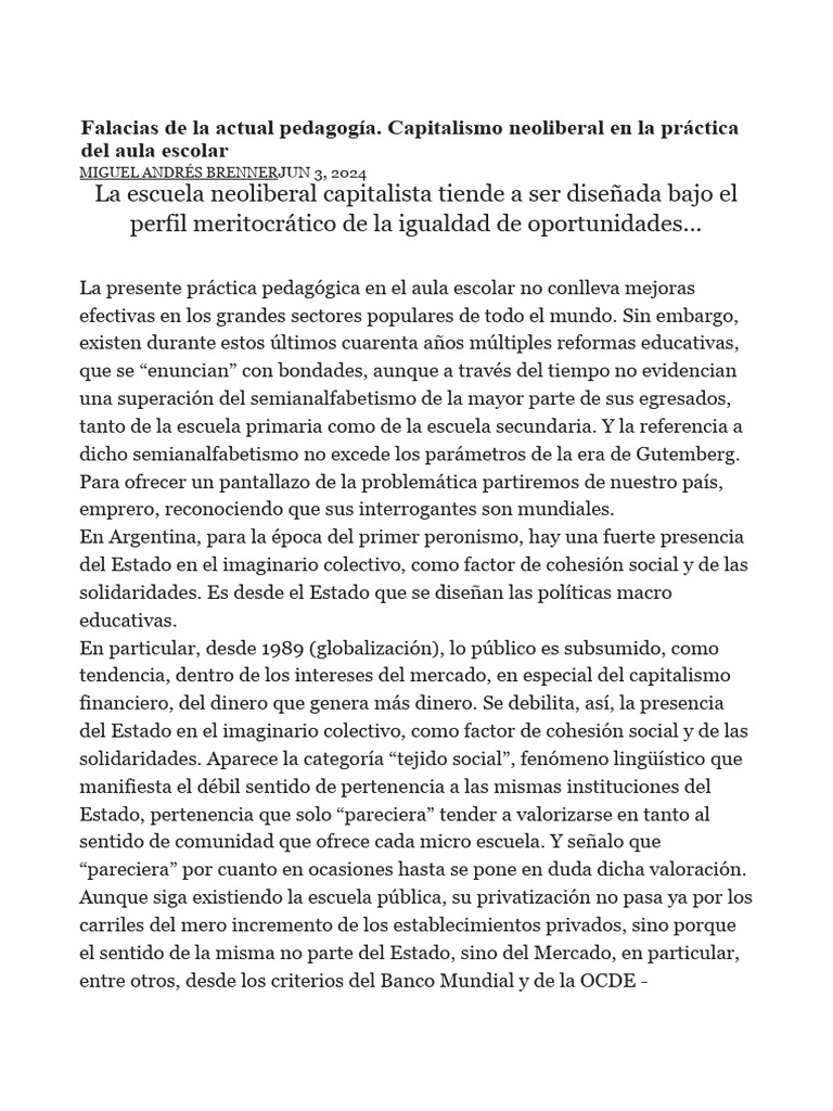 6 Brenner - Falacias de La Actual Pedagog-A. Capitalismo Neoliberal en La Pr-Ctica Del Aula ...