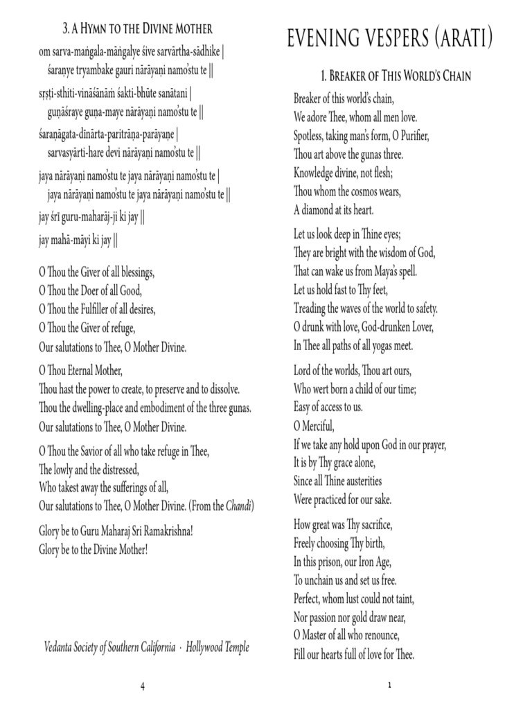 Hollywood Arati Vespers Evening Prayer Booklet 1.6 | PDF