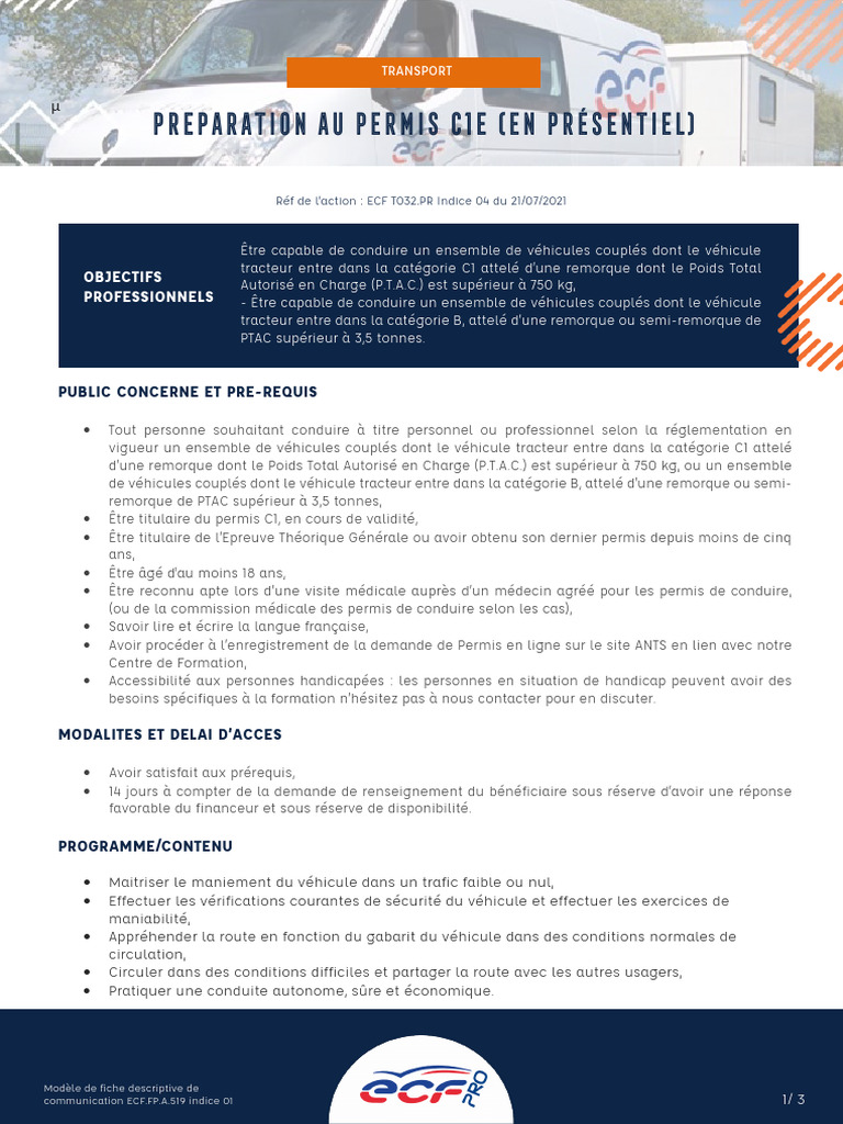 Fiche Descriptive Préparation Au Permis C1E - BJ | PDF