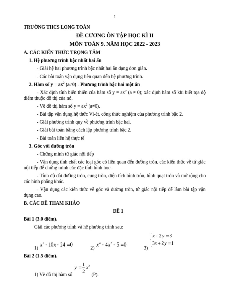 De Cuong Hoc Ky 2 Toan 9 Nam 2022 2023 Truong Thcs Long Toan BR VT | PDF