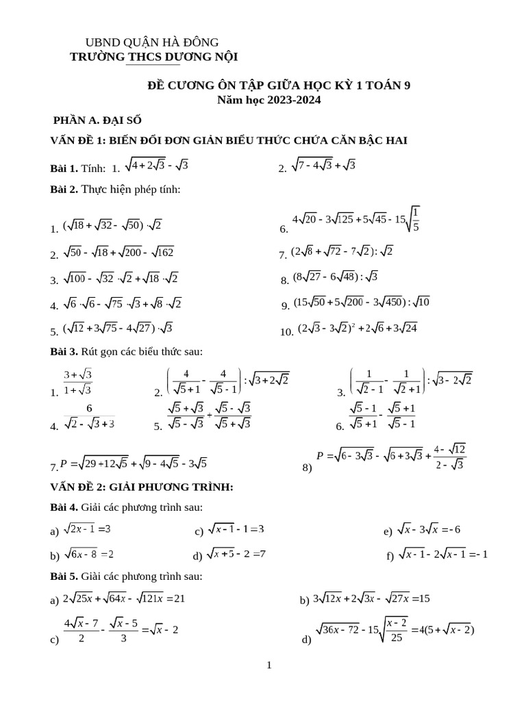 De Cuong Giua Ky 1 Toan 9 Nam 2023 2024 Truong Thcs Duong Noi Ha Noi | PDF