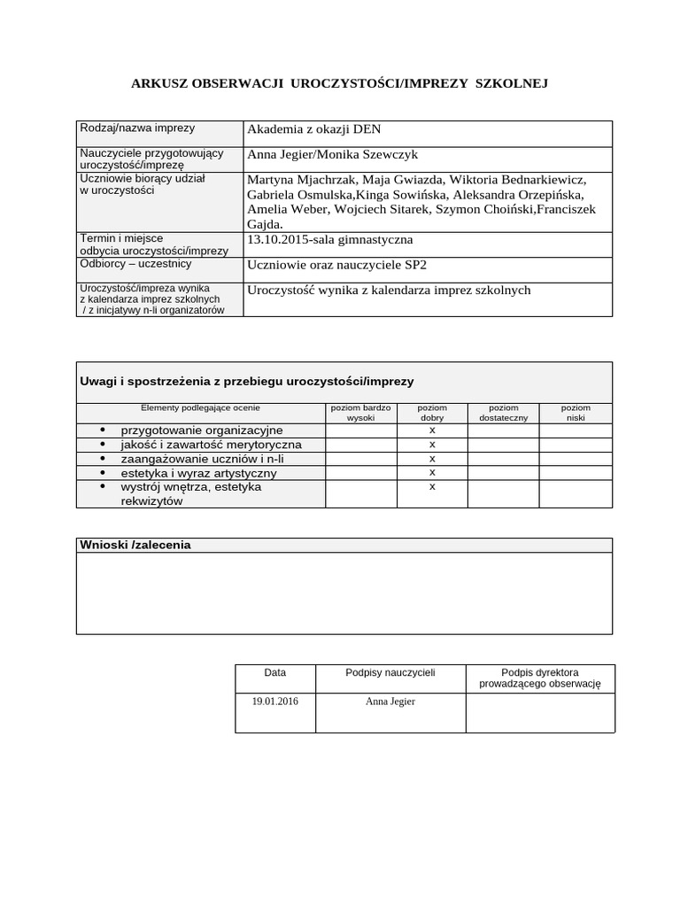 ARKUSZ OBSERWACJI UROCZYSTOĹšCI SZKOLNEJ | PDF