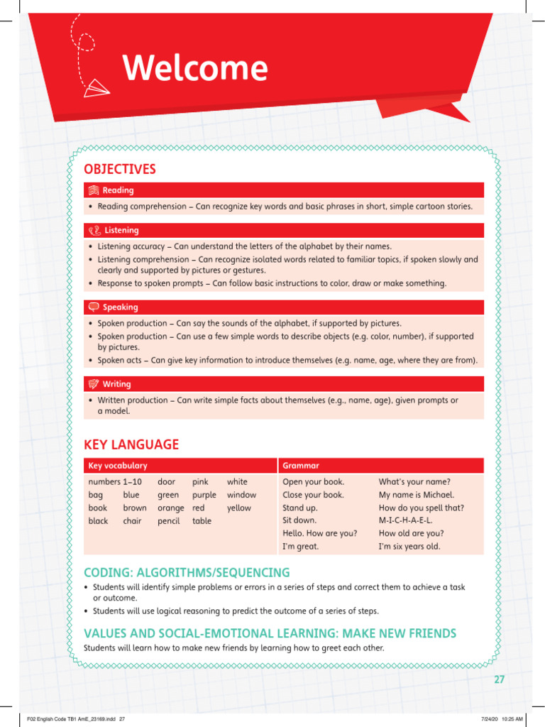 English Code AmE Level 1 Teacher's Book - Welcome Unit | PDF