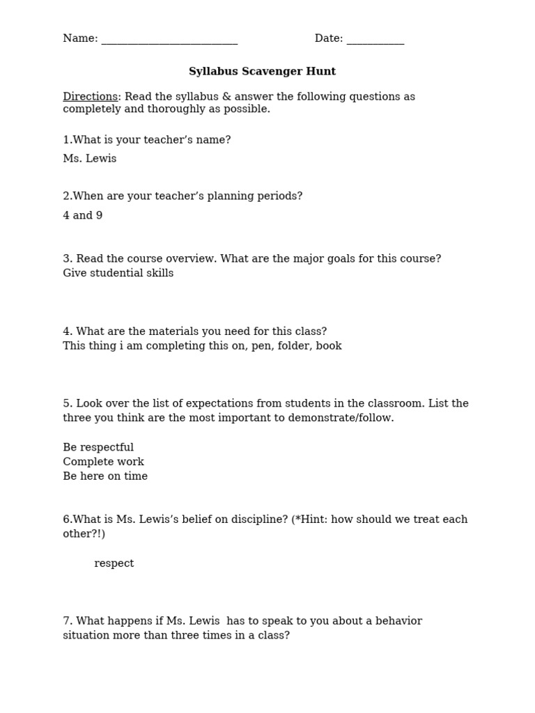 Aaron Bailey - Ms. Lewis 10 Syllabus Scavenger Hunt | PDF