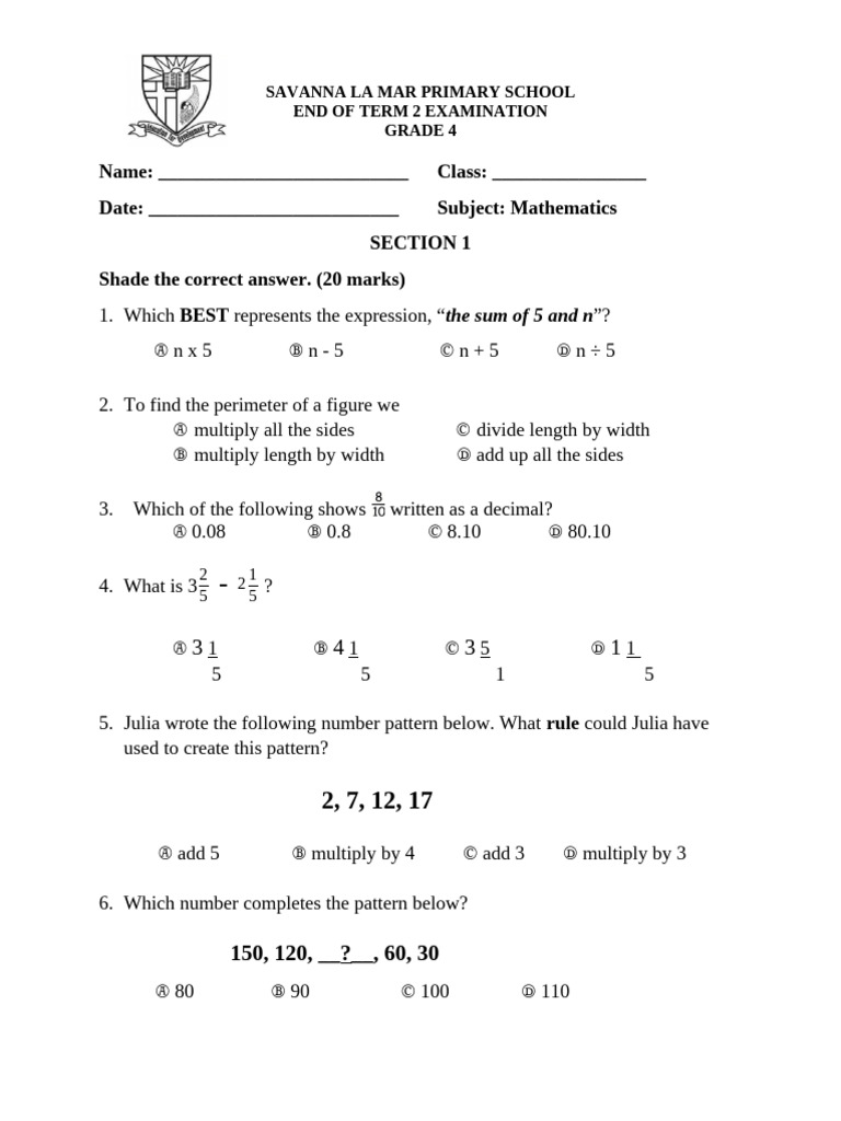 Math Test Grade 4 April 2022 | PDF
