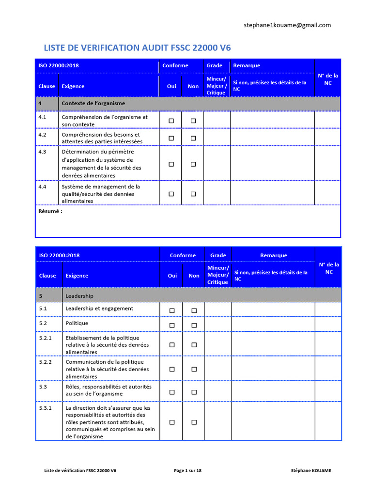 LISTE DE VERIFICATION FSSC 22000 V6 (FR) | PDF