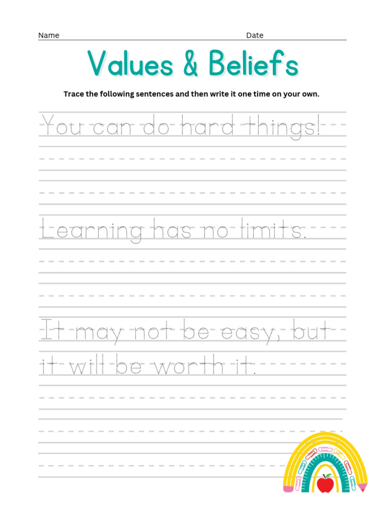 Values and Beliefs Handwriting Practice | PDF
