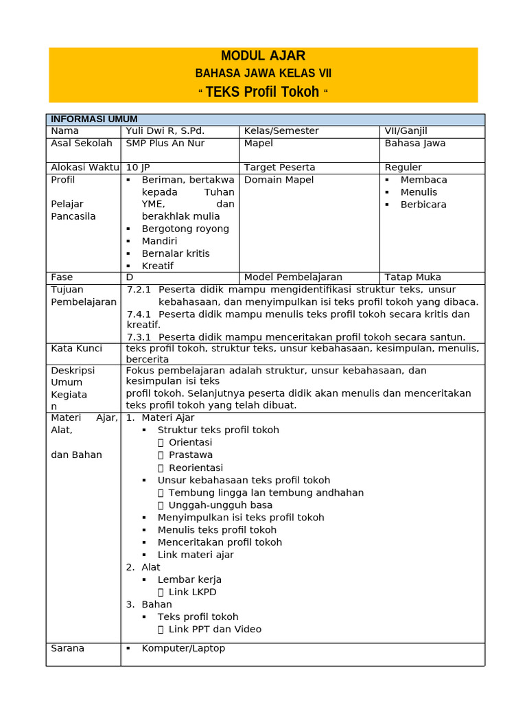 Modul Ajar Teks Profil Tokoh Ganjil | PDF