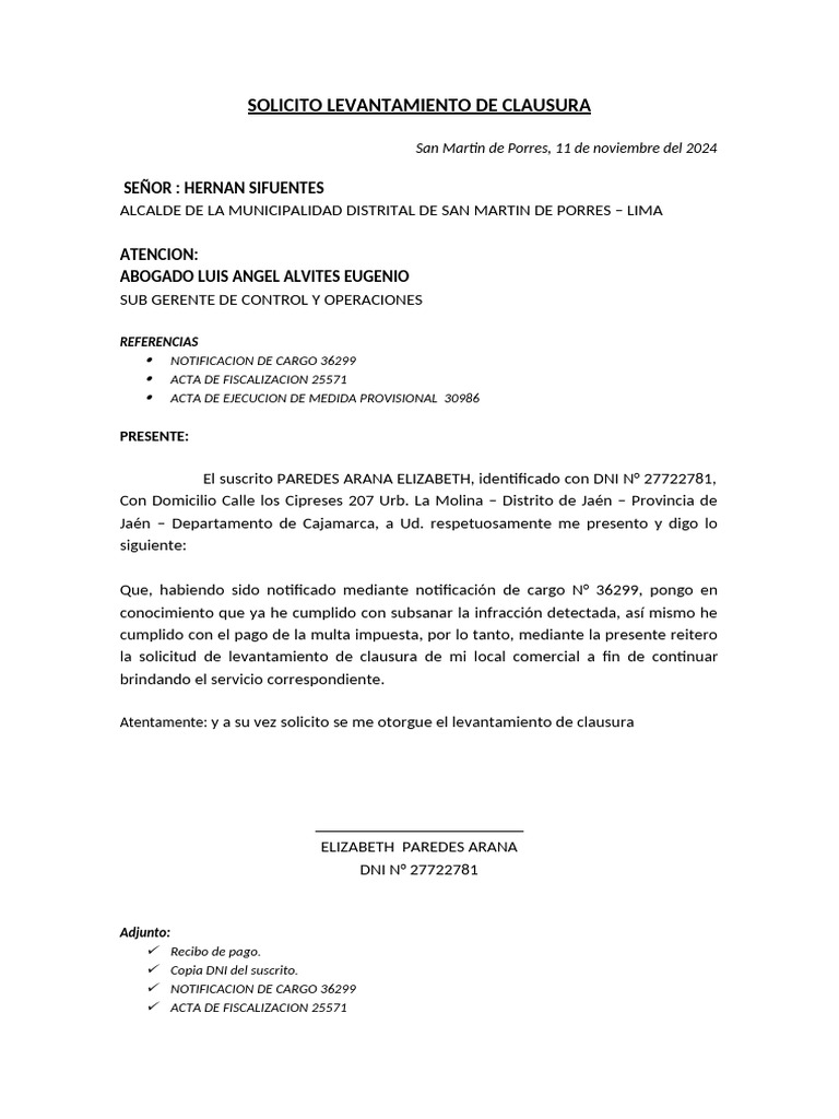Modelo - Solicito Levantamiento de Clausura | PDF