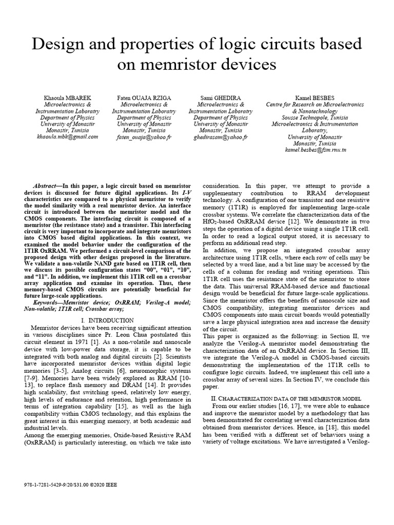 Design and Properties of Logic Circuits Based On Memristor Devices | PDF