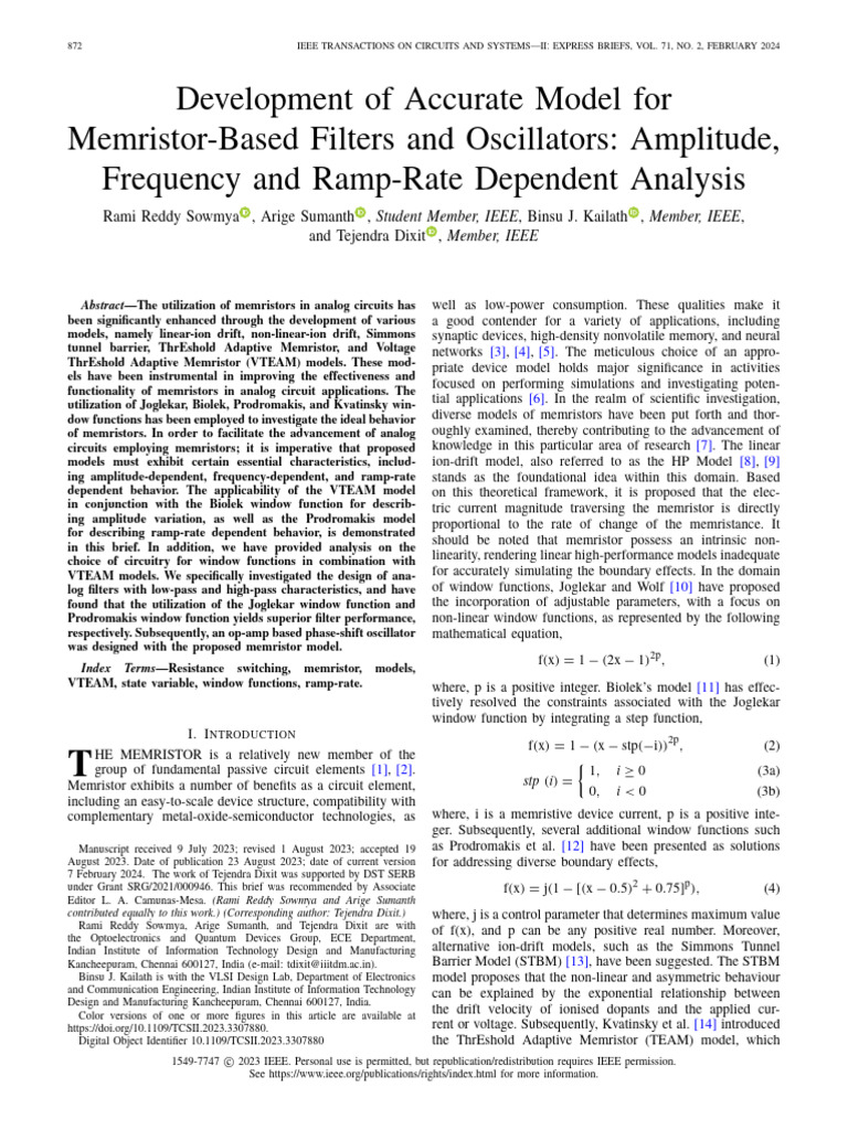 Development of Accurate Model For Memristor-Based Filters and Oscillators Amplitude Frequency ...