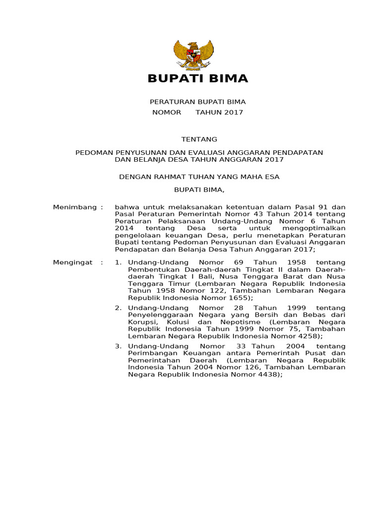 PERBUP Tentang Pedoman Penyusunan APBDesa TA. 2017 | PDF