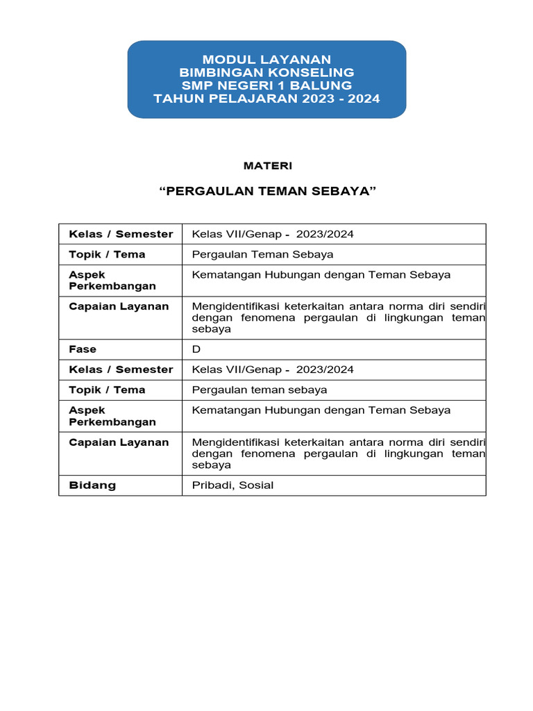 Modul Materi 10 Pergaulan Teman Sebaya - SMP | PDF