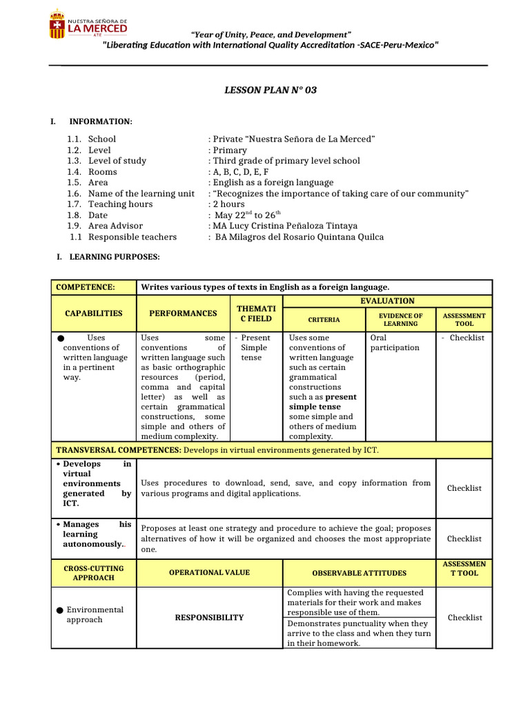II Term - Lesson Plan 03 - Unit 03 - 3rd Grade - Quintana | PDF ...