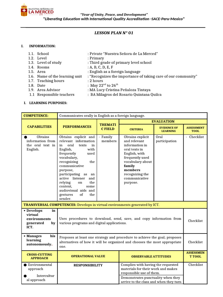 II Term - Lesson Plan 01 - Unit 03 - 3rd Grade - Quintana | PDF ...