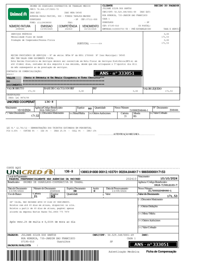 ANS - N° 333051: Número Fatura Emissão Competência Vencimento | PDF