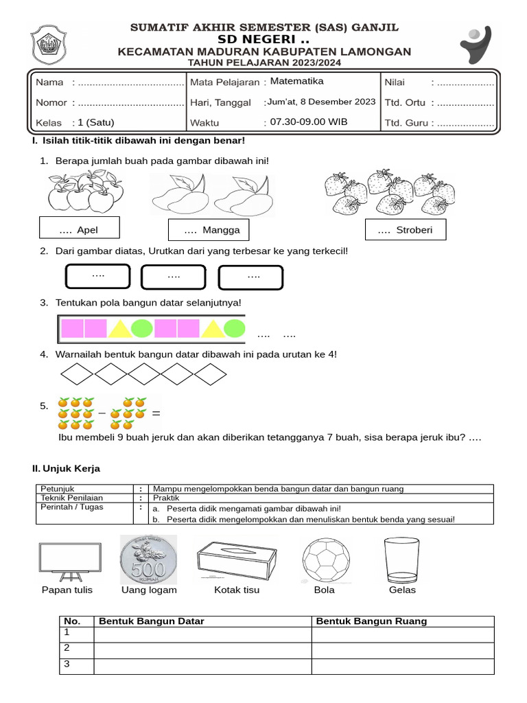 MTK Kelas 1 Fix | PDF