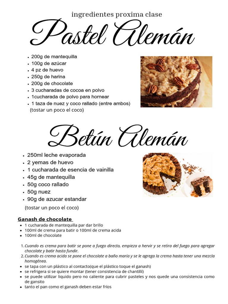 Ingredientes Pastel y Betun Aleman | PDF