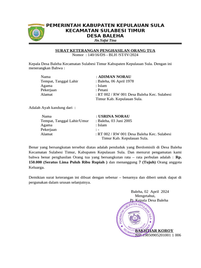 Surat Keterangan Penghasilan Ayah Pdf