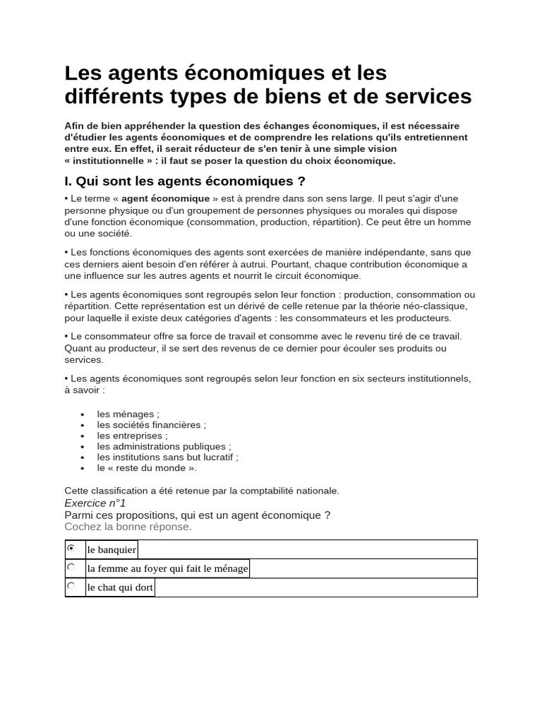 Les Agents Économiques Et Les Différents Types de Biens Et de Services ...