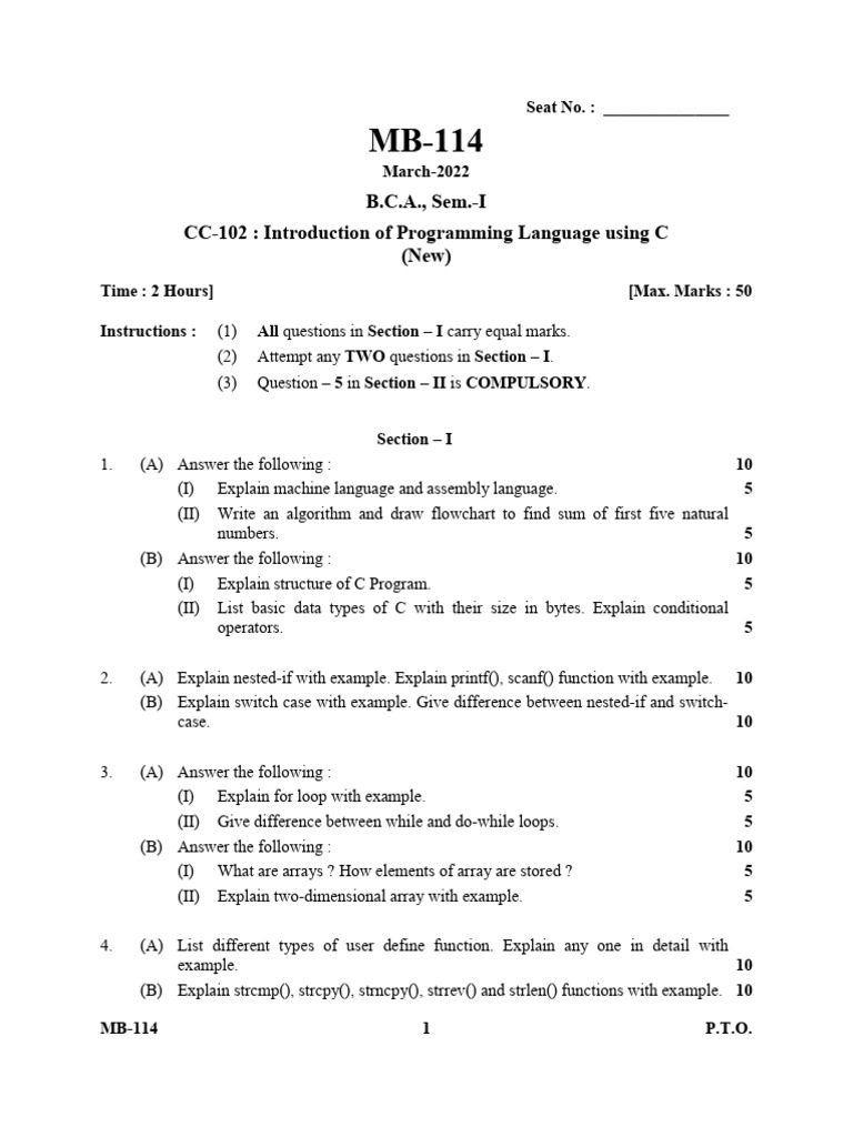 BCA Sem 1 CC-102 Introduction To Programming Language Using C (New) | PDF