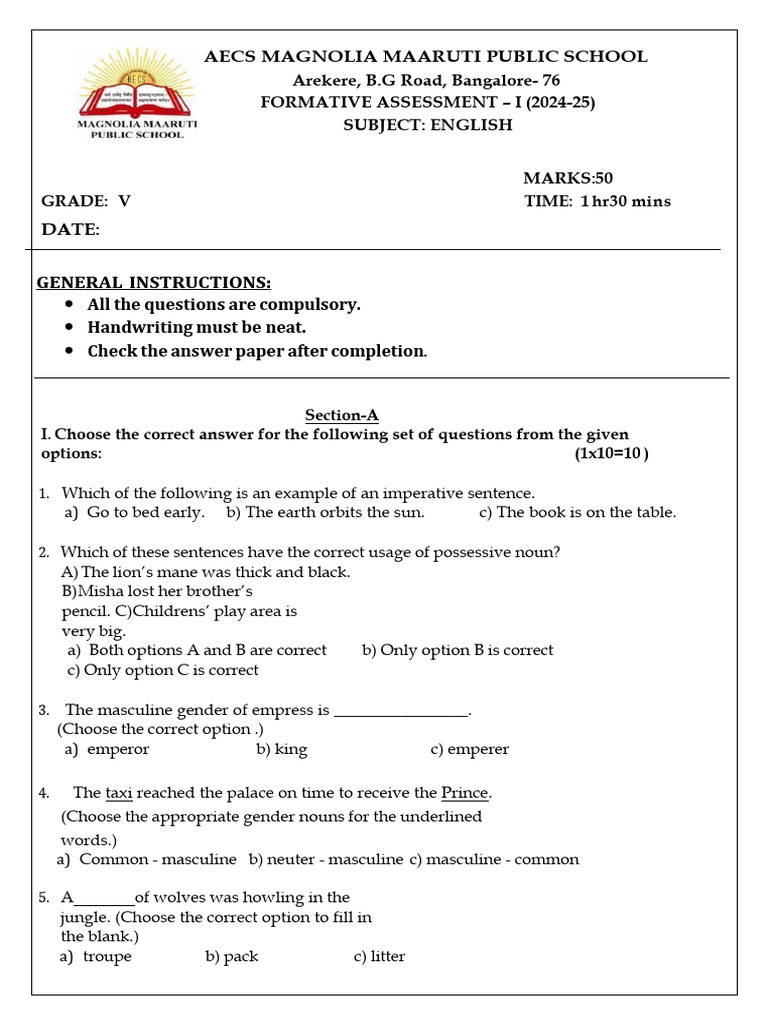 Grade-5 English FA-1 - (24-25) | PDF