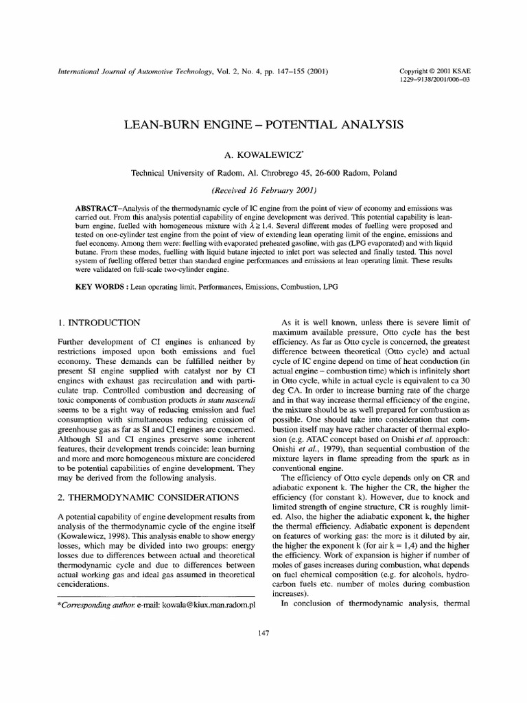 Lean-Burn Engine - Potential Analysis | PDF