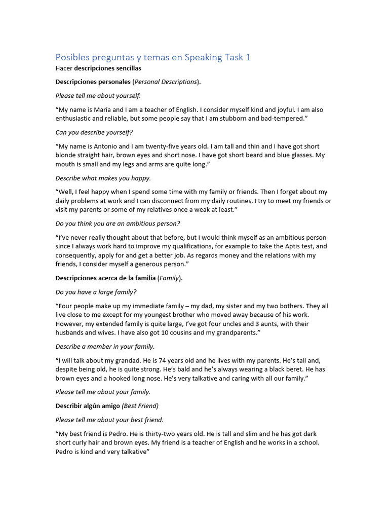 Posibles Preguntas y Temas en Speaking Task 1 | PDF