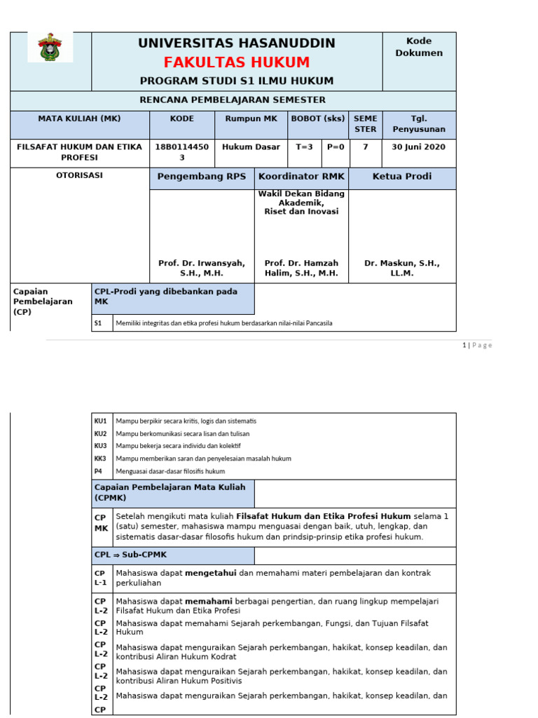 Rps s1 Filsafat Hukum 2020 | PDF