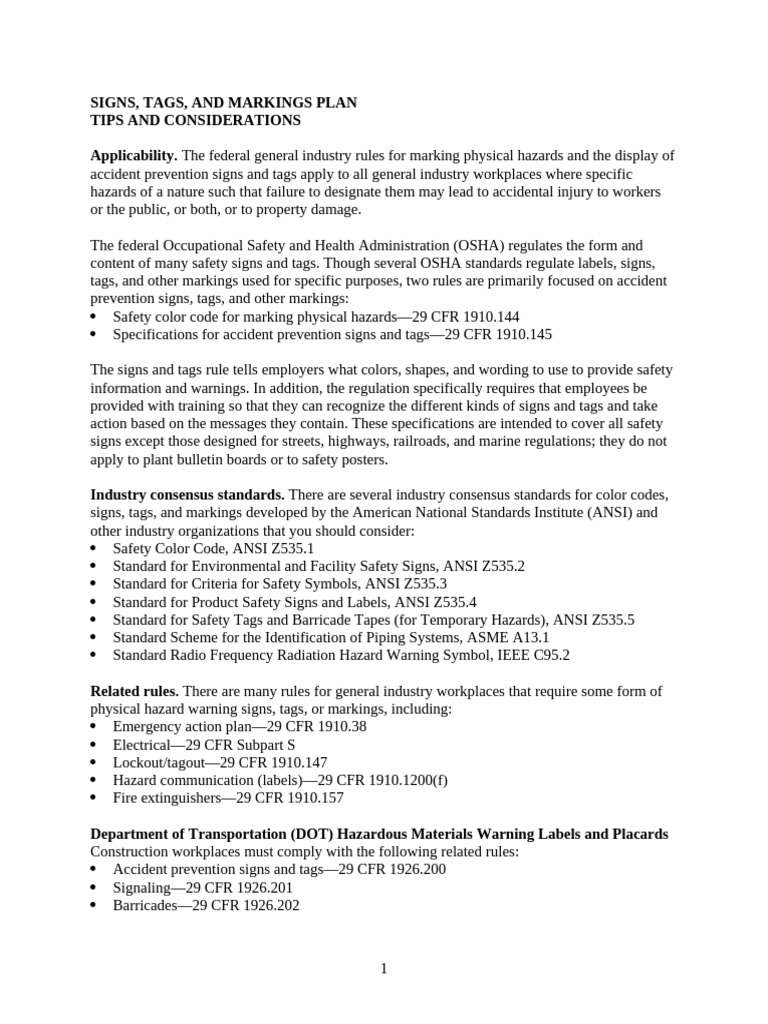 Signs Tags and Markings Plan | PDF