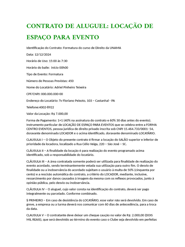 CONTRATO DE LOCAÇÃO DE ESPAÇO PARA EVENTOS Adriel | PDF