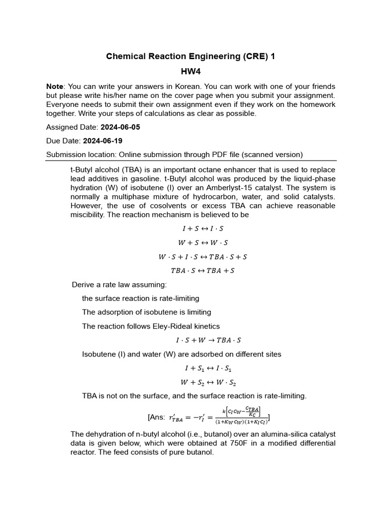 Chemical Reaction Engineering (CRE) 1 HW4 | PDF