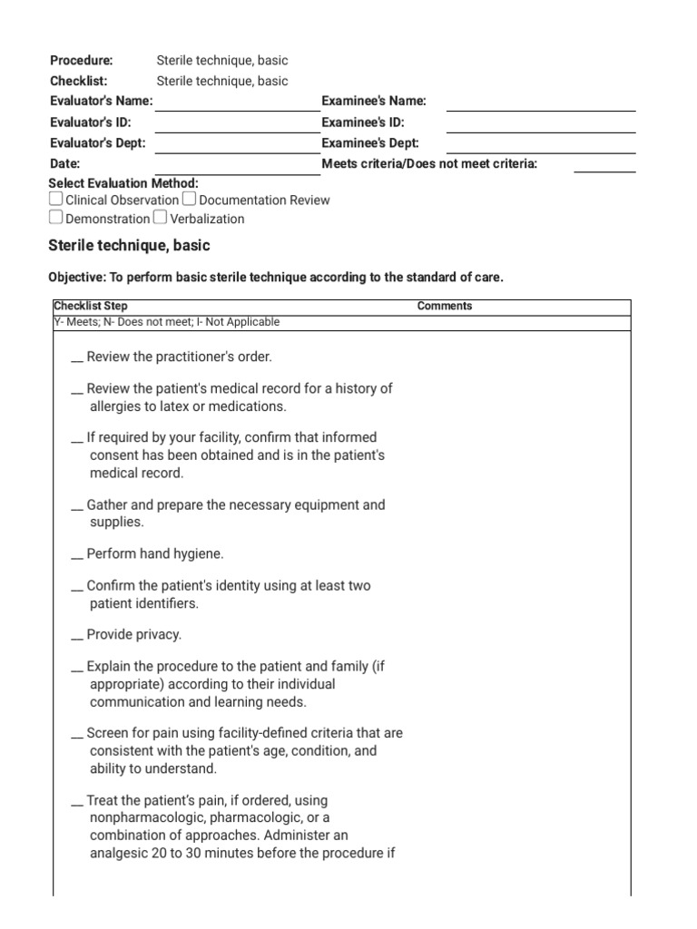 © 2024 Skills Checklist - Sterile Technique, Basic | PDF