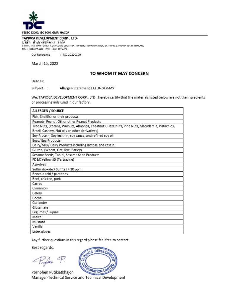 Allergen Statement | PDF