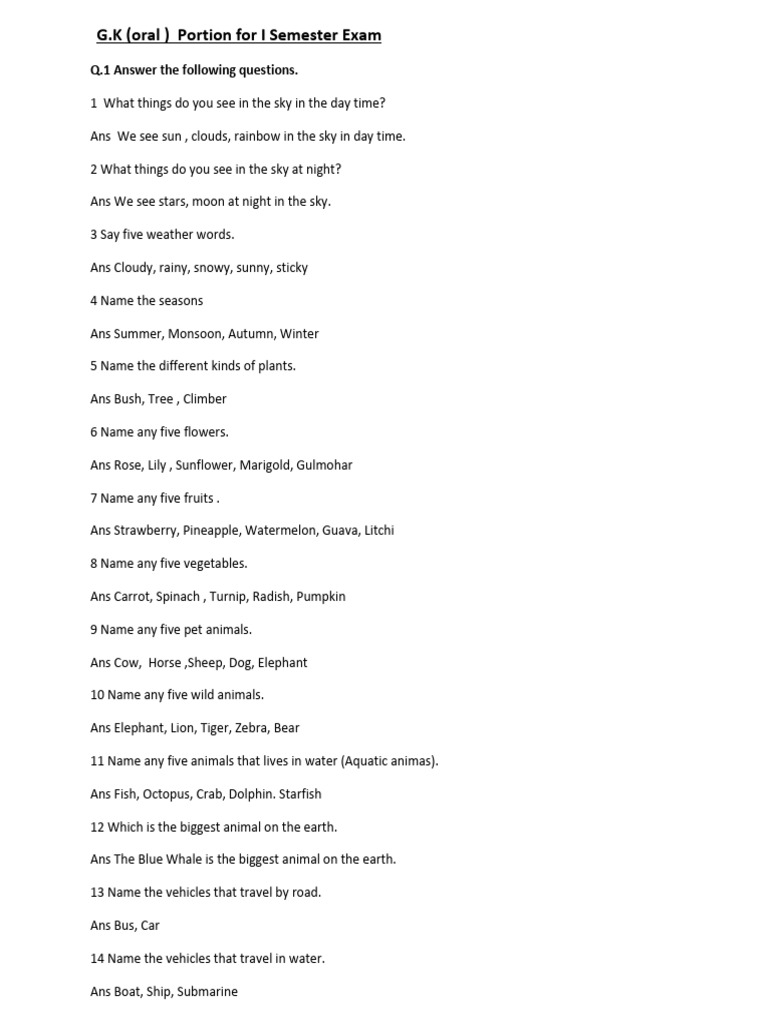 G.K (Oral) Portion For I Semester Exam | PDF