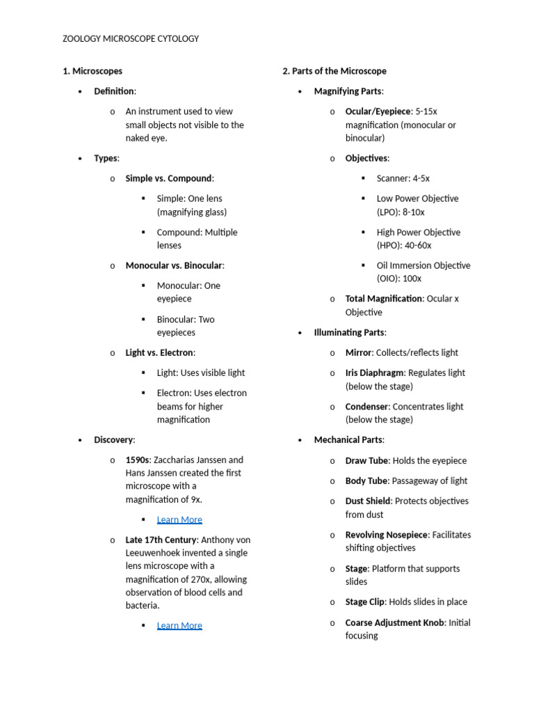 Zoology Microscope Cytology | PDF